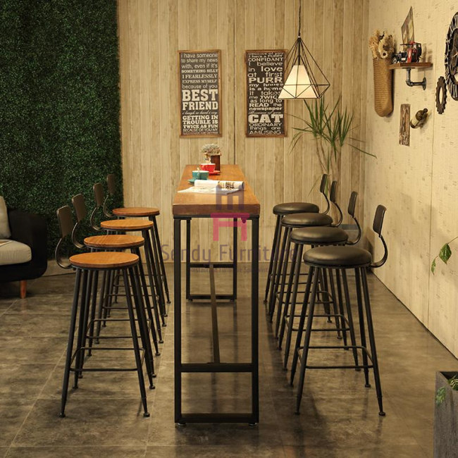 Industrial Metal Base Long Bar Height Table Solid Wood Top 120-300cm Length